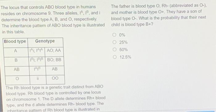 Solved The locus that controls ABO blood type in humans The | Chegg.com Solved The locus that controls ABO blood type in humans The | Chegg.com