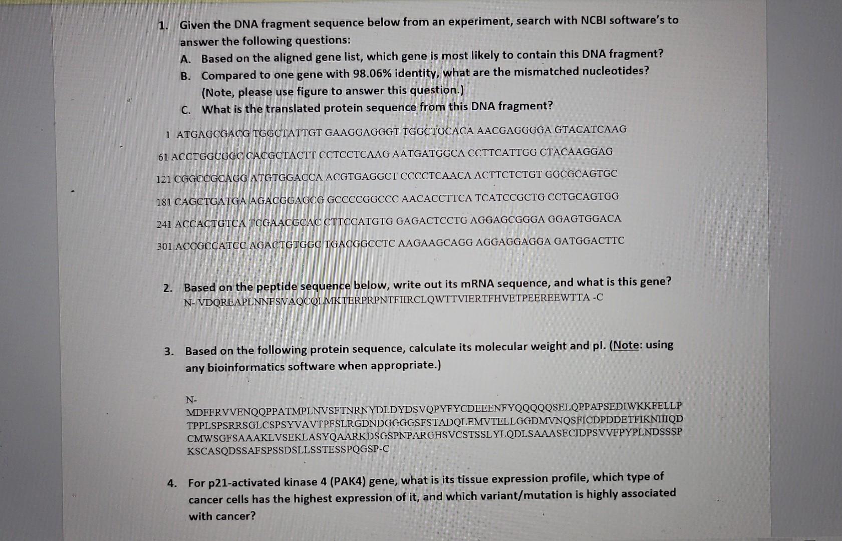 Solved 1. Given the DNA fragment sequence below from an | Chegg.com