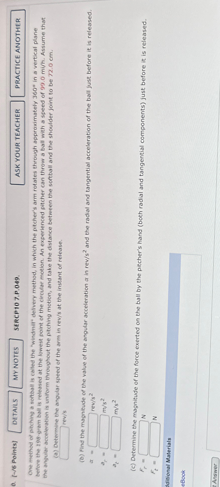 Solved [-16 ﻿Points]SERCP10 7.P.049.One method of pitching a | Chegg.com