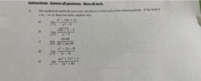 1) Use analytical methods (not your calculator) to | Chegg.com