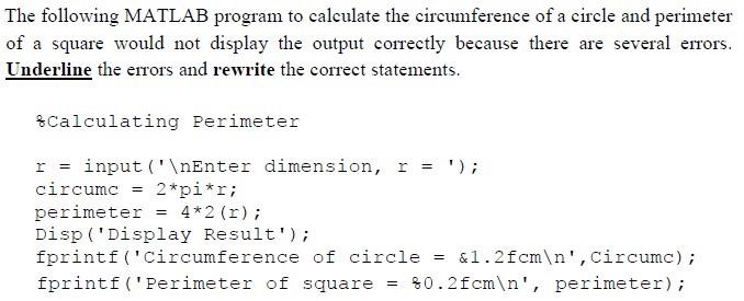 Solved The following MATLAB program to calculate the | Chegg.com
