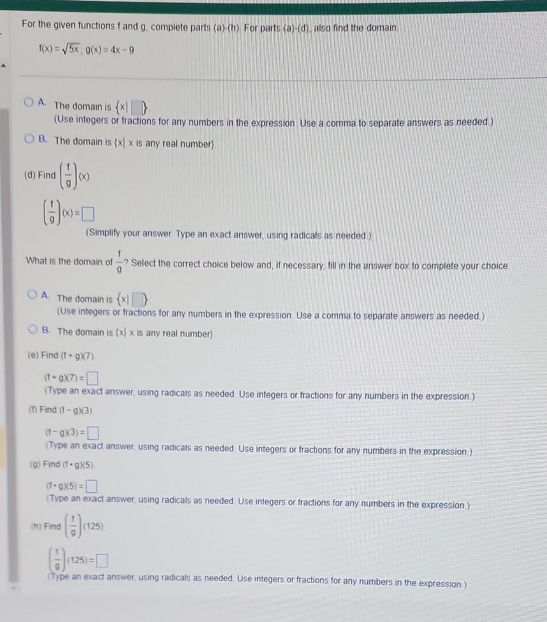 Solved For the given functions f and g, complete parts | Chegg.com