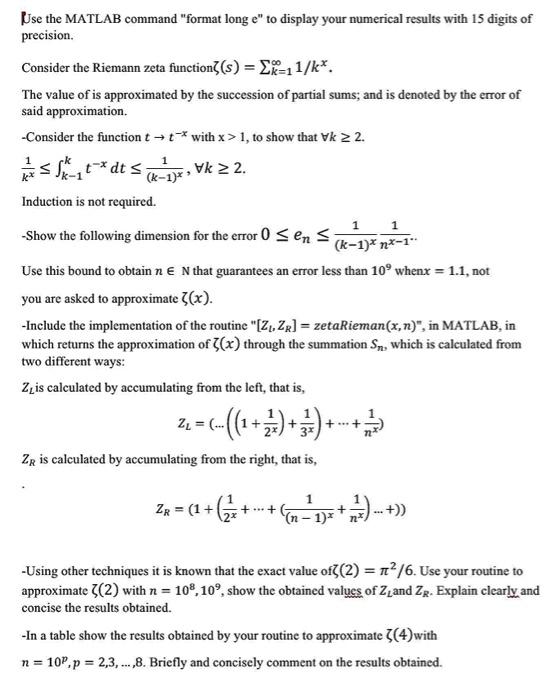 Solved Use the MATLAB command "format long e" to display | Chegg.com