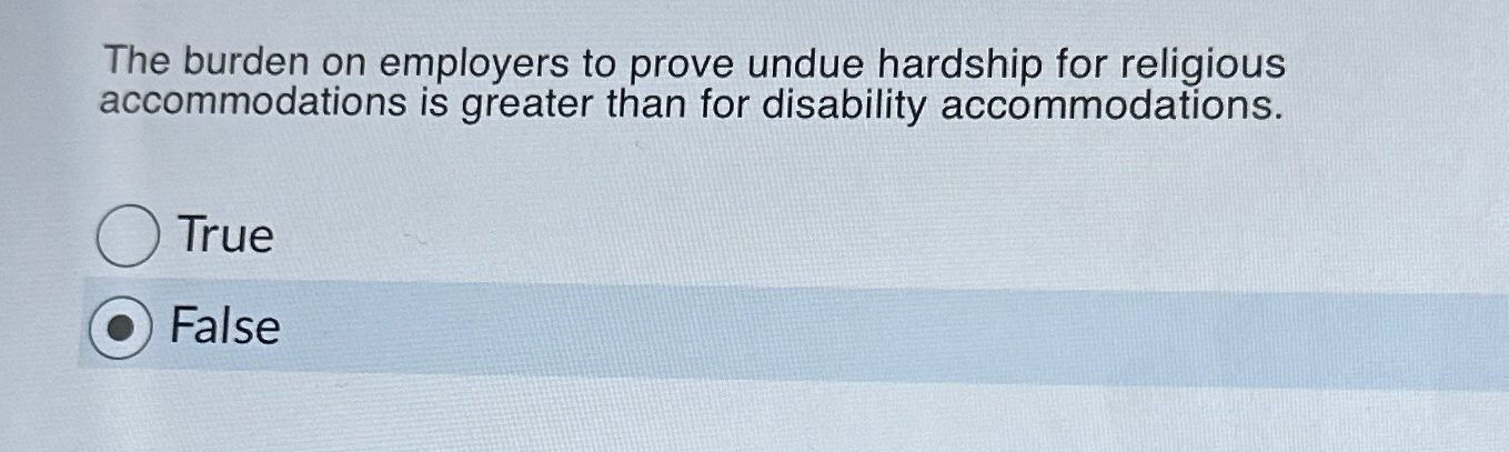 Solved The burden on employers to prove undue hardship for | Chegg.com