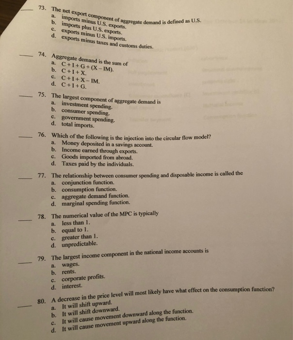 Solved 73. The net export component of aggregate a imports | Chegg.com