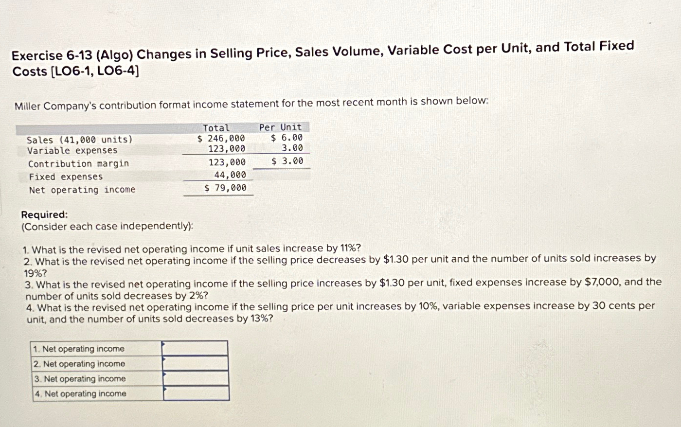 Solved Exercise 6-13 (Algo) ﻿Changes in Selling Price, Sales | Chegg.com