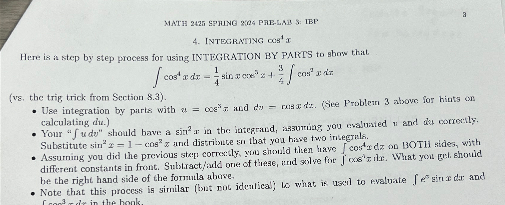 Solved MATH 2425 SPRING 2024 PRE-LAB 3: IBP\\n3\\n4. | Chegg.com
