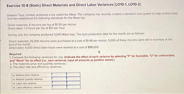 Solved Exercise 10-8 (Static) Direct Materials and Direct | Chegg.com