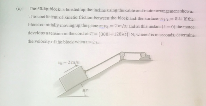 Solved (c) The 50-kg block is hoisted up the incline using | Chegg.com