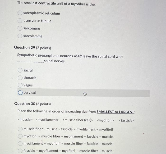Solved The smallest contractile unit of a myofibril is the: | Chegg.com