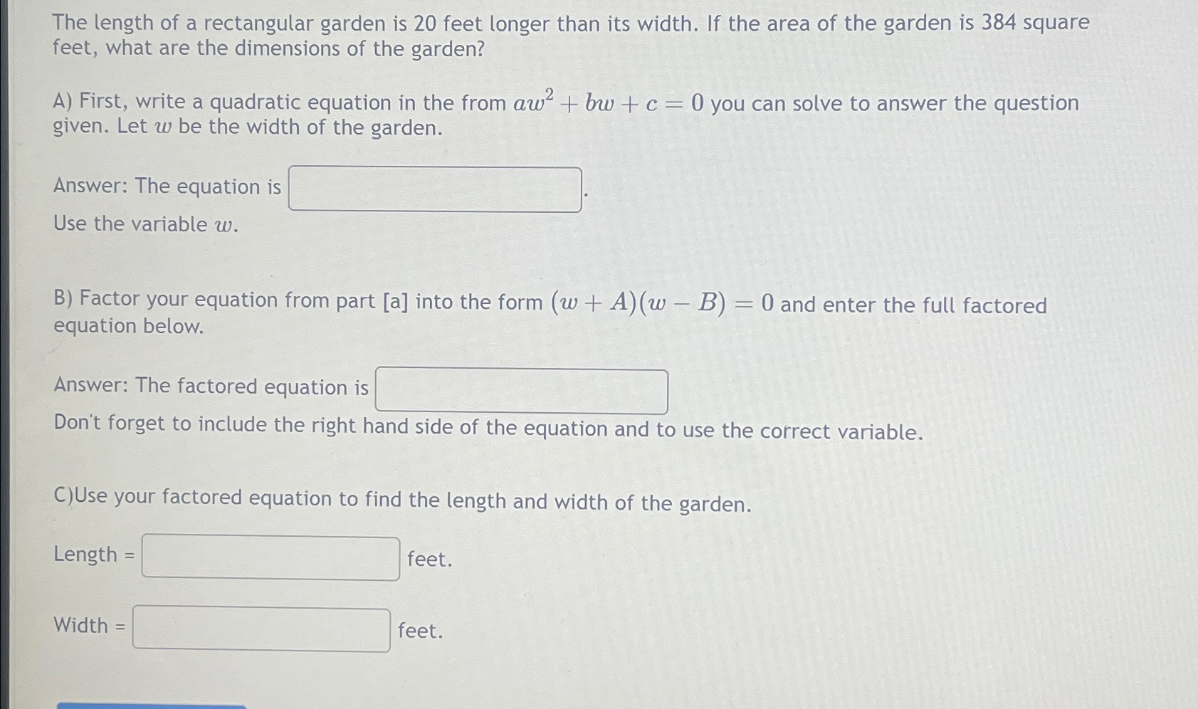 Solved The length of a rectangular garden is 20 ﻿feet longer | Chegg.com