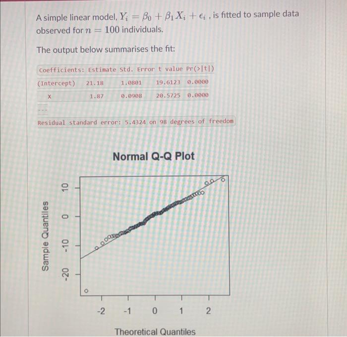 Solved A simple linear model, Yi=β0+β1Xi+ϵi, is fitted to | Chegg.com