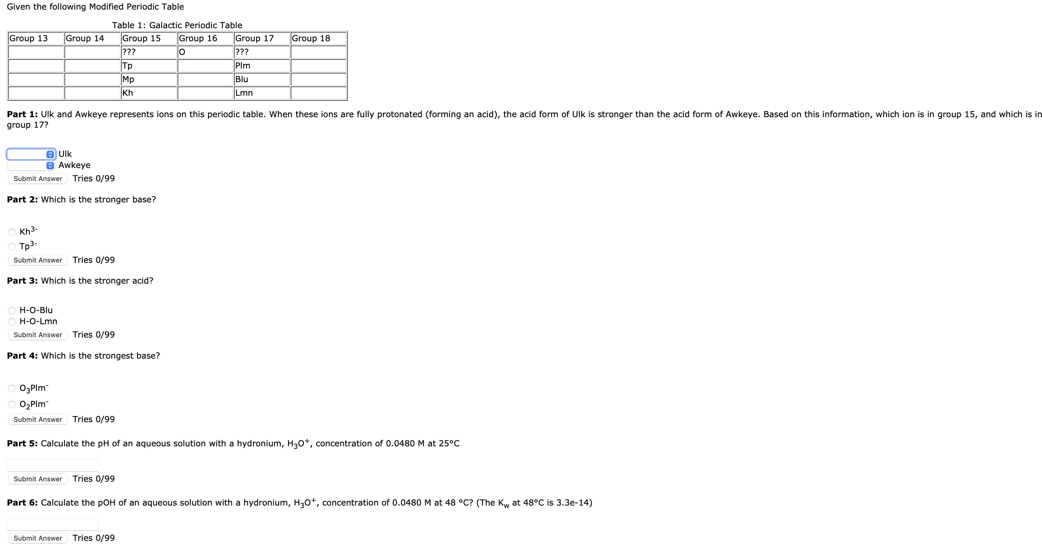 Solved Given the following Modified Periodic TableTable 1: | Chegg.com