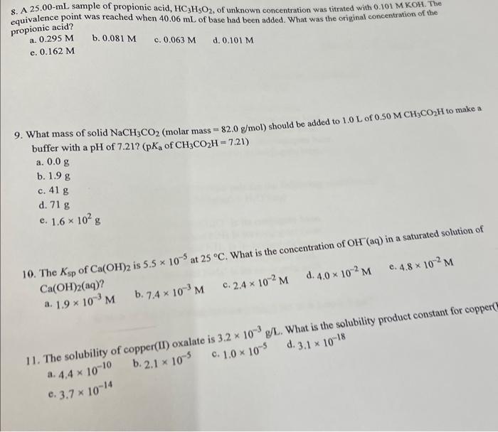 Solved 8. A 25.00−mL sample of propionic acid, HC3H5O2, of | Chegg.com