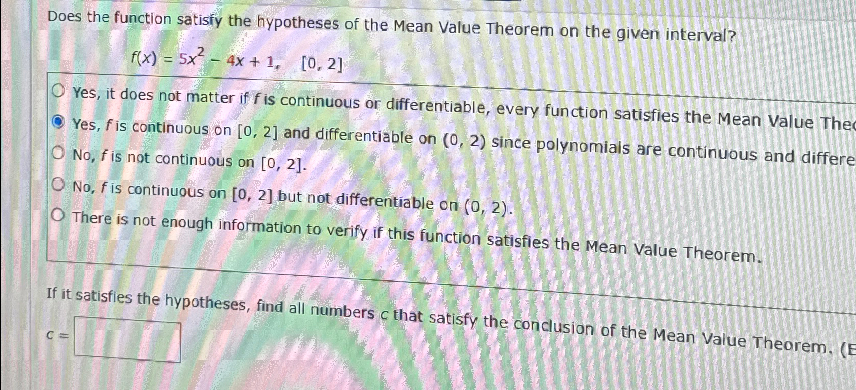 Solved Does the function satisfy the hypotheses of the Mean | Chegg.com