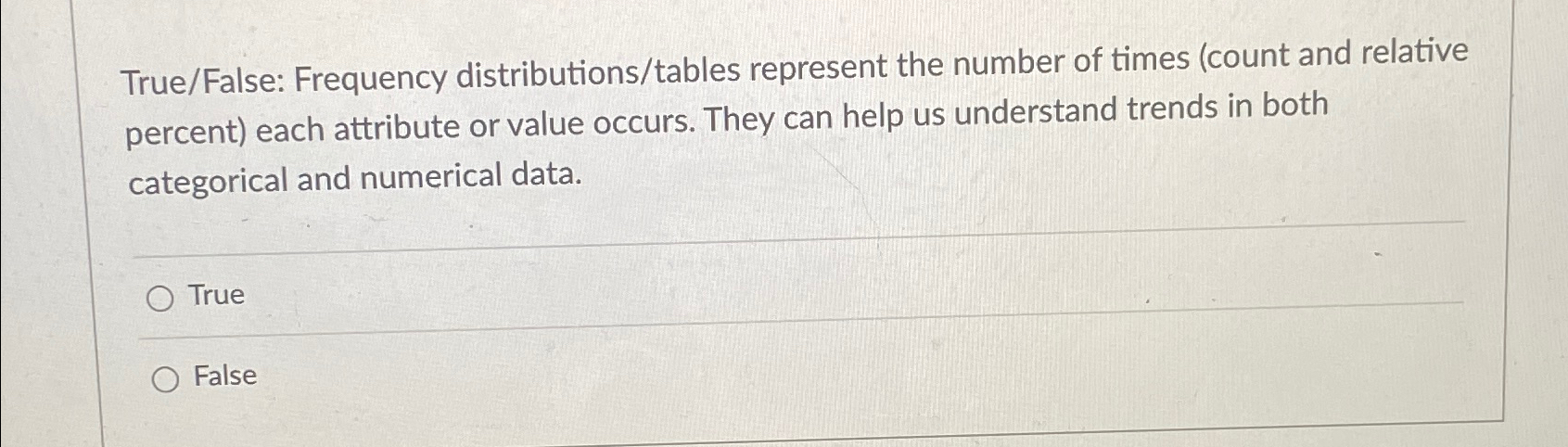 Solved True/False: Frequency distributions/tables represent | Chegg.com