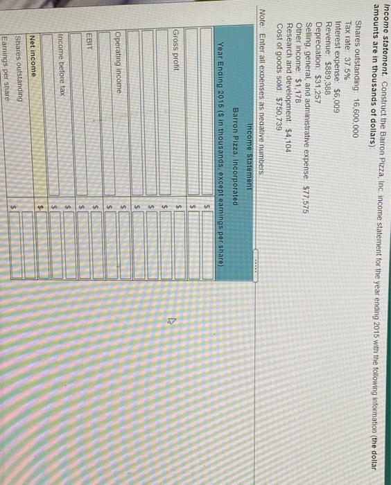Solved Income statement. Construct the Barron Pizza, Inc | Chegg.com