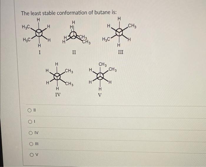 Solved The least stable conformation of butane is: II 1 IV | Chegg.com