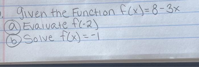Solved given the Function f(x)=8−3x (a) Evaluate f(−2) (b) | Chegg.com