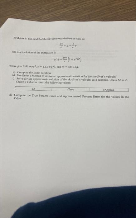 Solved Problem 2: The model or the Skydiver wak derived in | Chegg.com