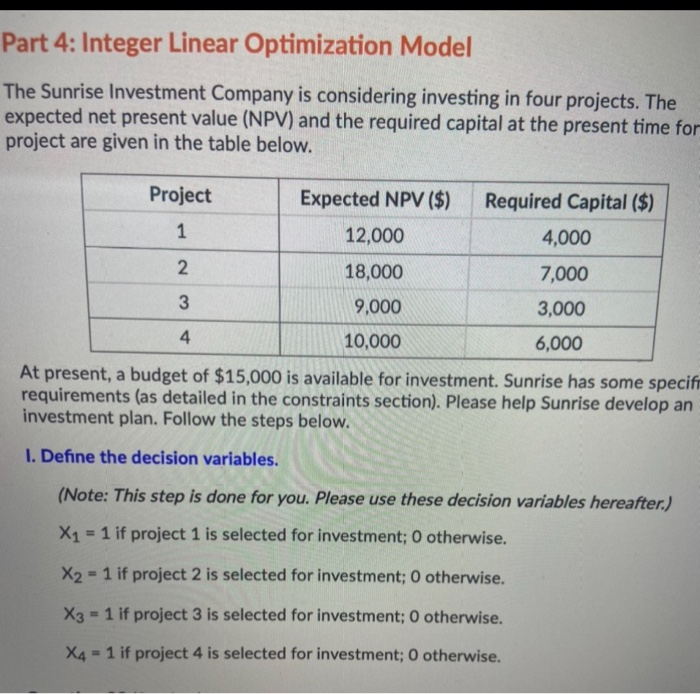 Solved Part 4: Integer Linear Optimization Model The Sunrise | Chegg.com