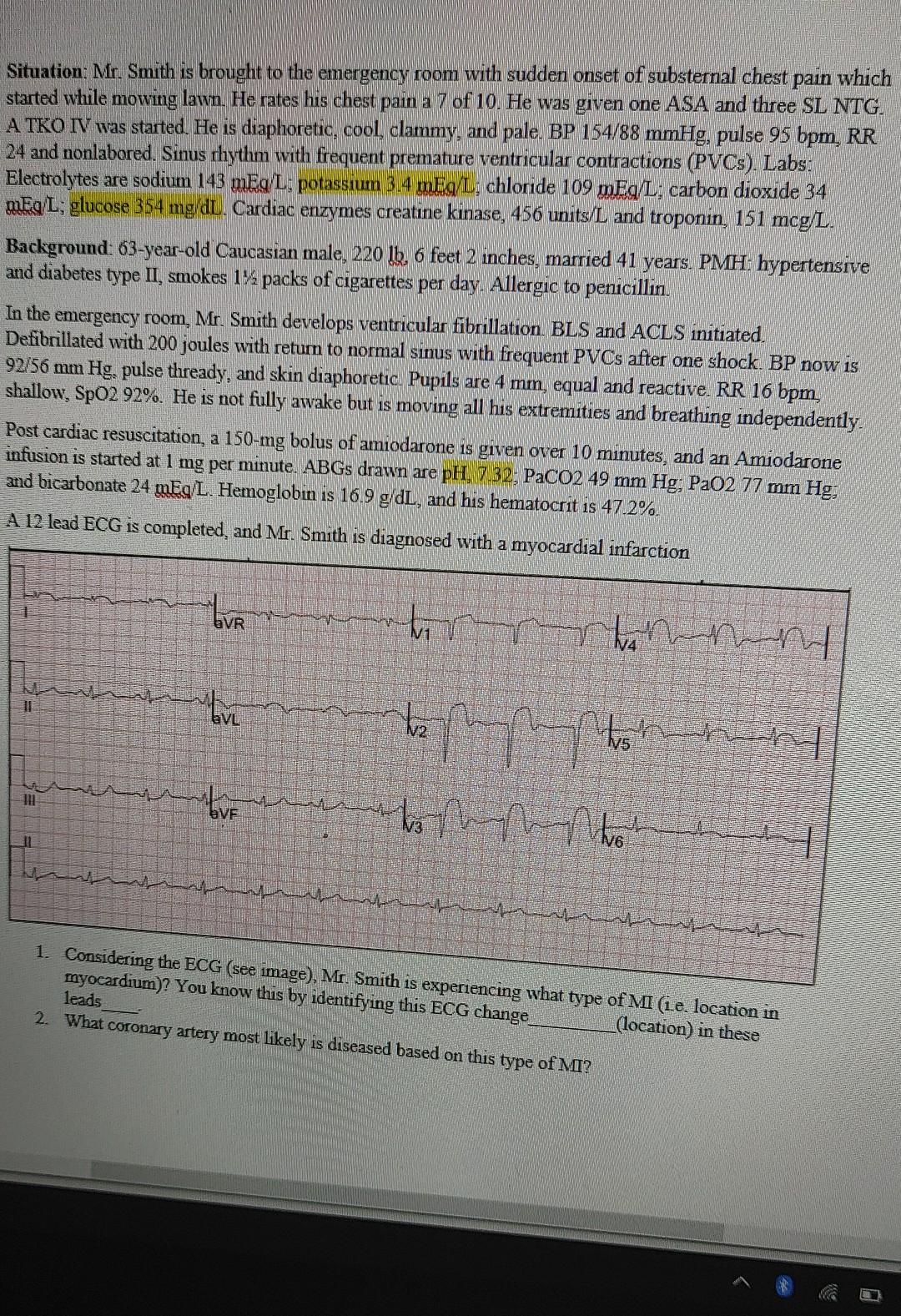 Solved Situation: Mr. Smith is brought to the emergency room | Chegg.com