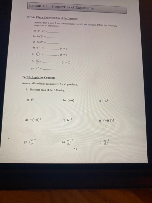 Solved Lesson 4.1. Properties of Exponents Part A. Check | Chegg.com