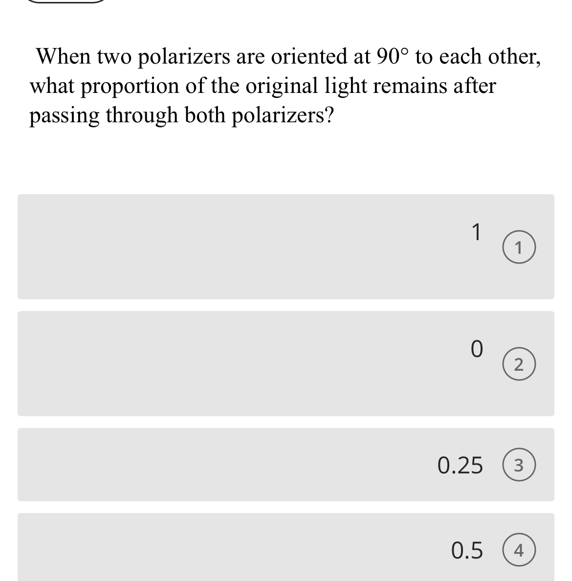 Solved When two polarizers are oriented at 90° ﻿to each | Chegg.com