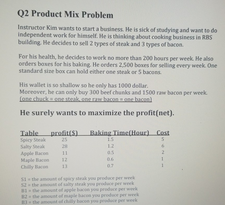 Solved Q2 Product Mix Problem Instructor Kim wants to start | Chegg.com