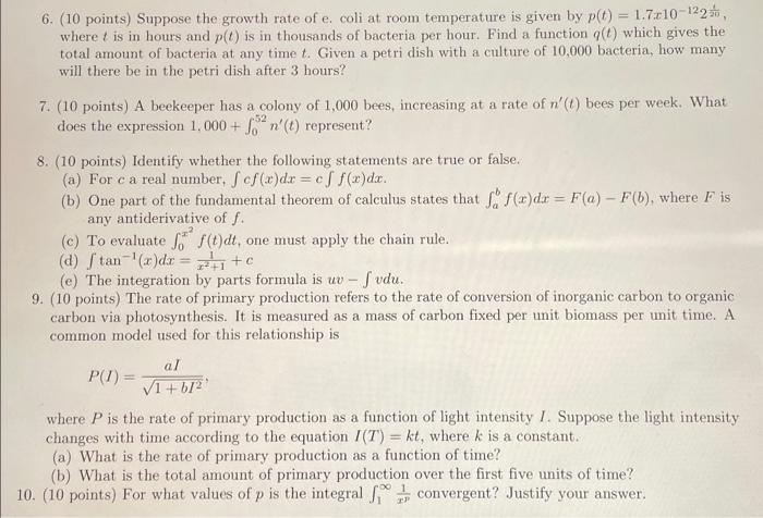 Solved 6. (10 points) Suppose the growth rate of e. coli at | Chegg.com