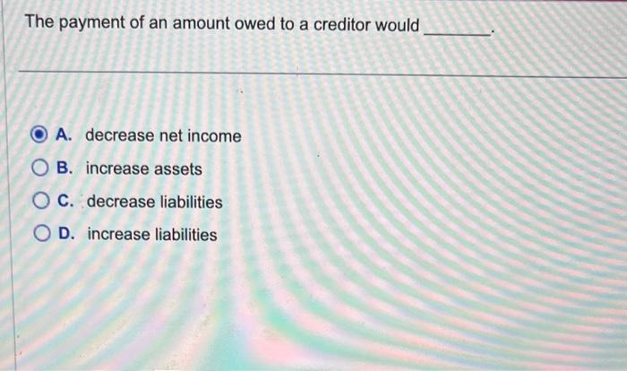 Solved The payment of an amount owed to a creditor would A. | Chegg.com