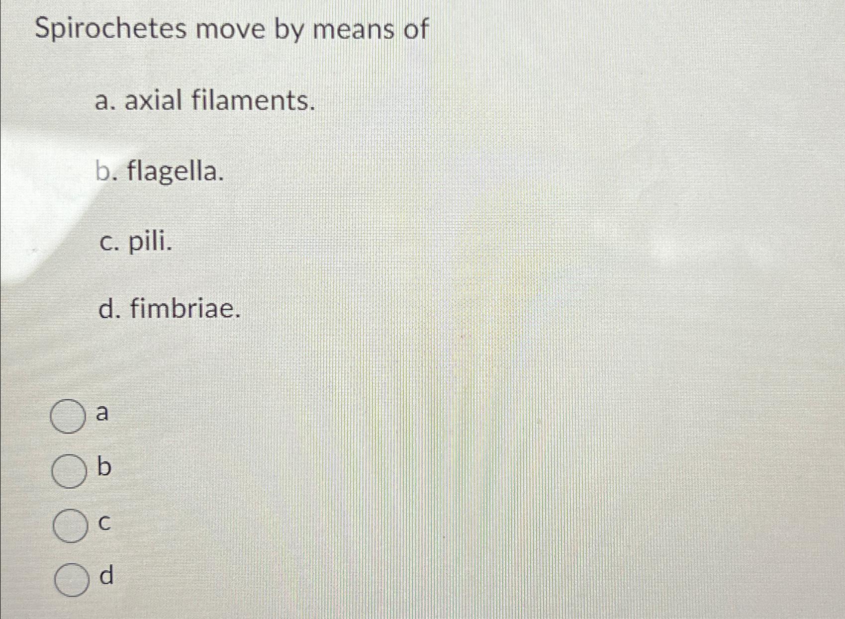Solved Spirochetes move by means ofa. ﻿axial filaments.b. | Chegg.com