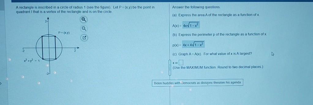 Solved A rectangle is inscribed in a circle of radius 1 (see | Chegg.com