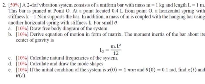 Solved 2. [50% ] A 2-dof vibration system consists of a | Chegg.com
