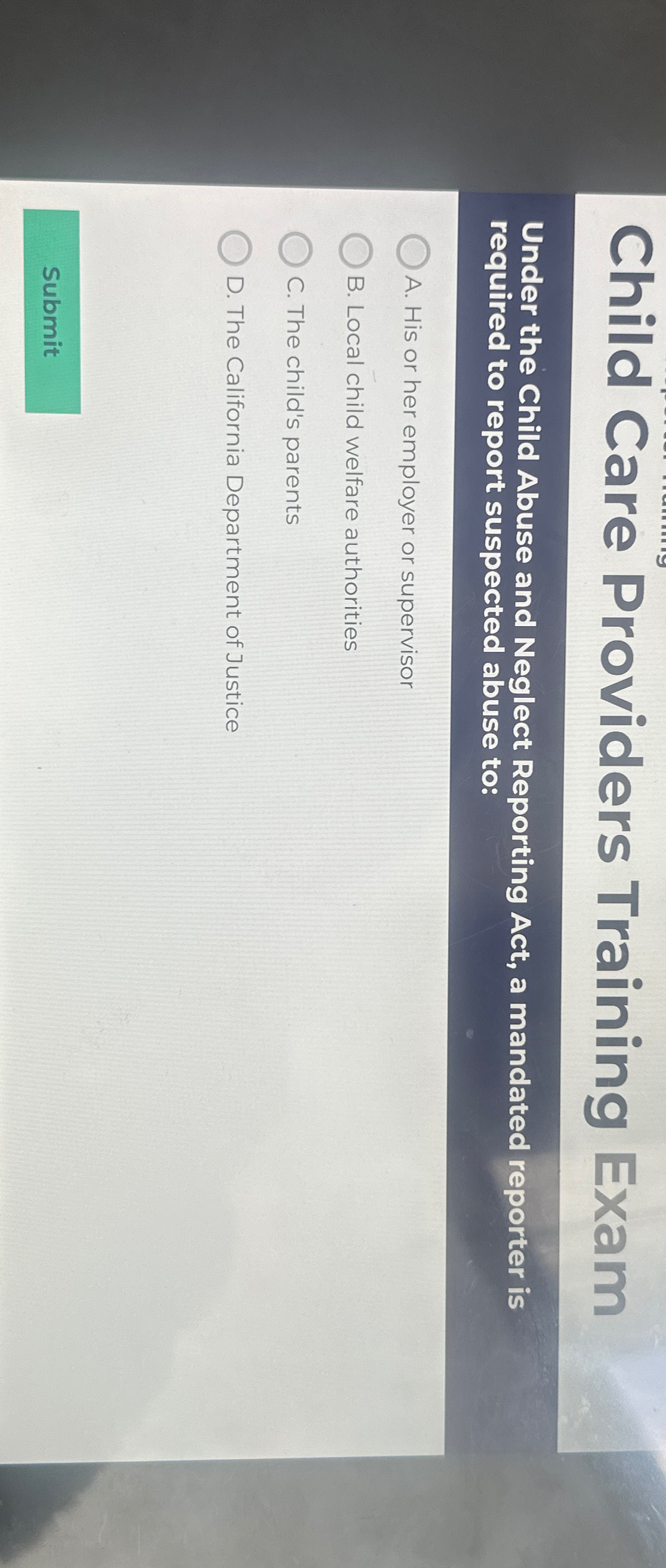 Solved Child Care Providers Training ExamUnder the Child | Chegg.com