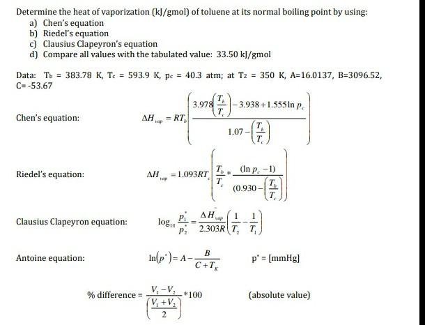 Solved Determine the heat of vaporization (kJ/gmol) of | Chegg.com