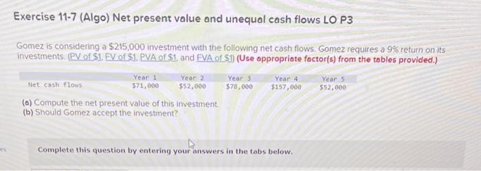 Solved Exercise 11-7 (Algo) Net present value and unequal | Chegg.com