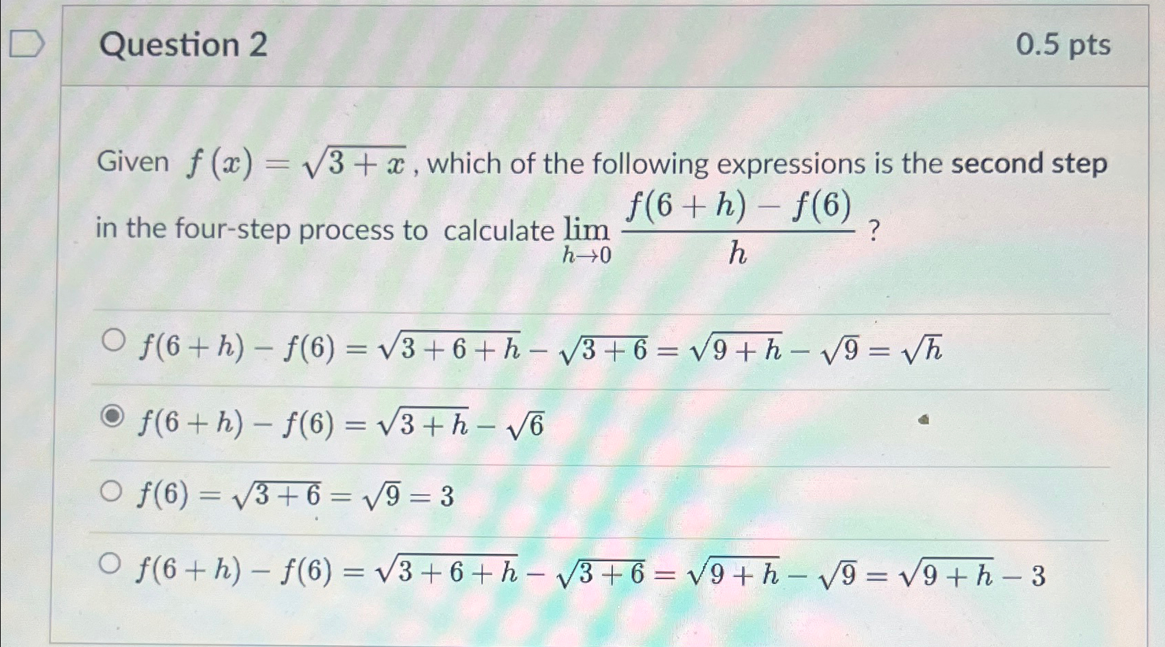 Solved Question 20.5ptsGiven f(x)=3+x2, ﻿which of the | Chegg.com
