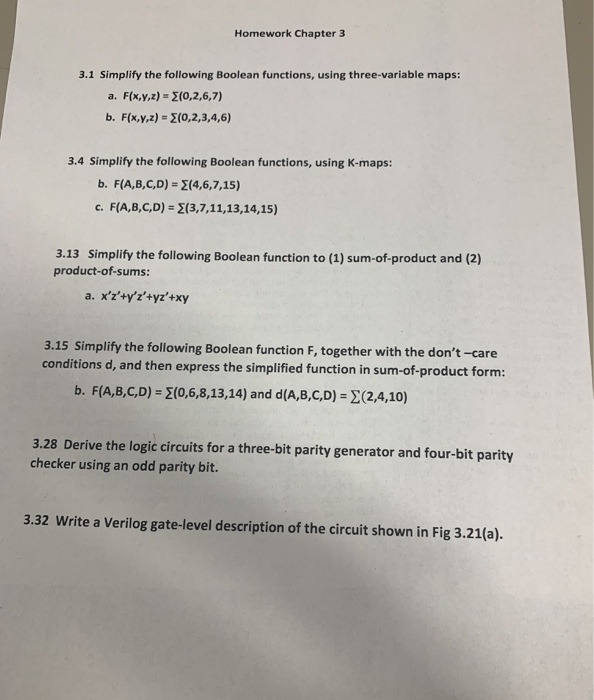 Solved Homework Chapter 3 3.1 Simplify the following Boolean | Chegg.com