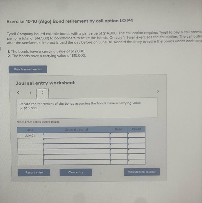 Solved Exercise 10−10 (Algo) Bond retirement by call option | Chegg.com