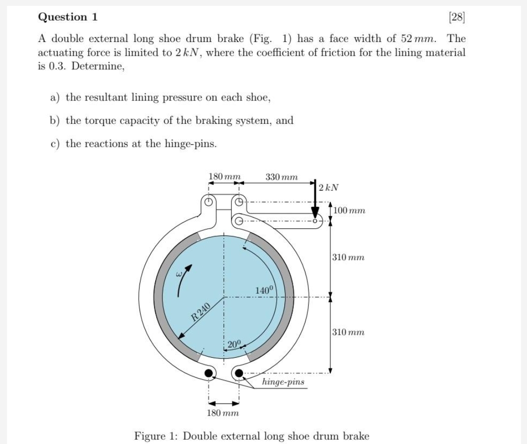 Solved Question 1[28]A double external long shoe drum brake | Chegg.com