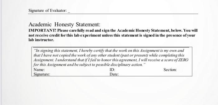 Signature of Evaluator: Academic Honesty Statement: | Chegg.com