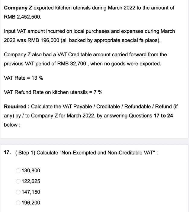 Solved Company Z exported kitchen utensils during March 2022 | Chegg.com