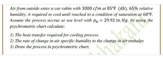 Solved Air from outside enter a car cabin with 3000cfm at | Chegg.com