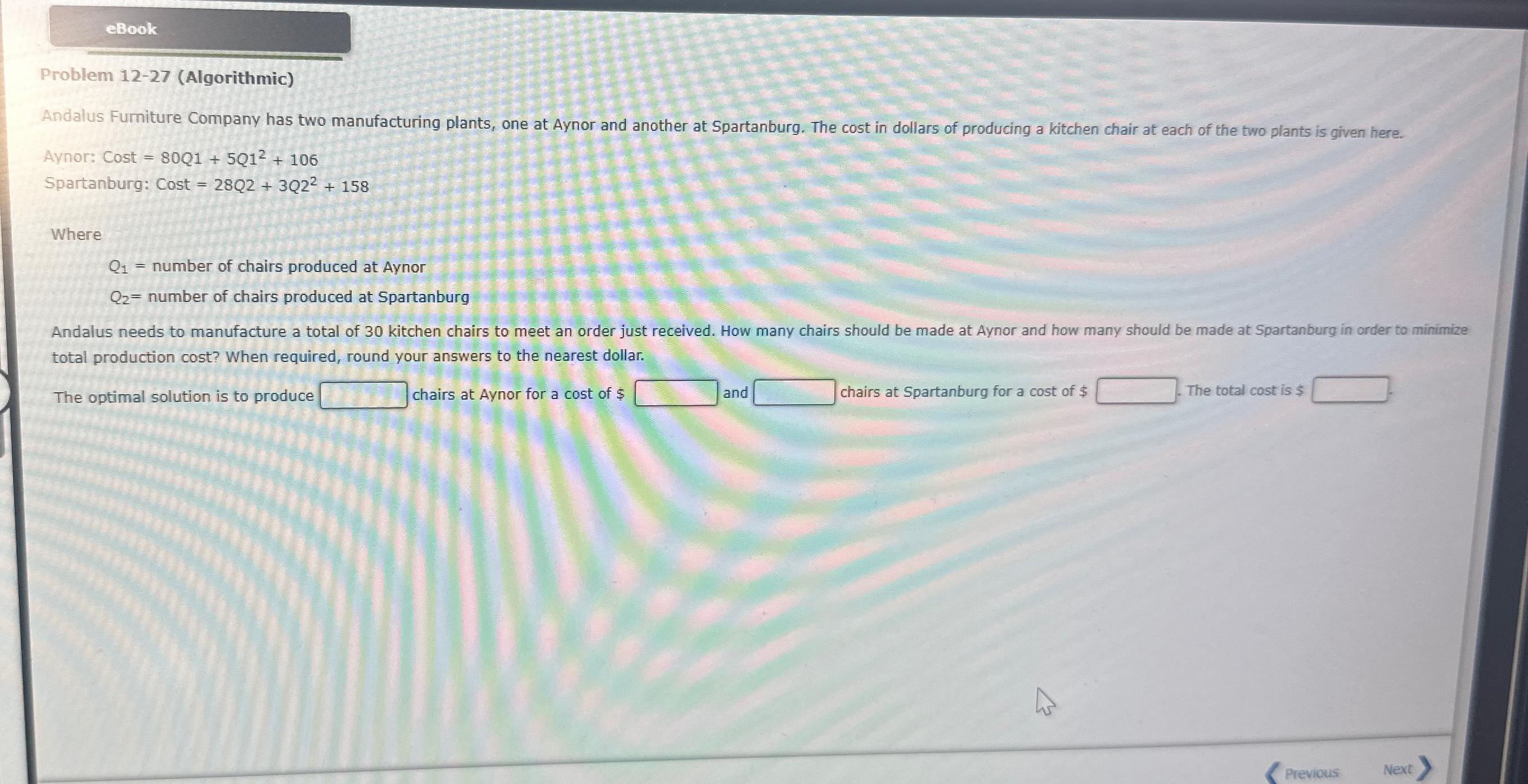 Solved ebookProblem 12-27 (Algorithmic)Aynor: Cost | Chegg.com