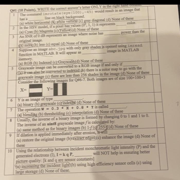 Solved 10 PRITE she correct answer's letter ONLY in the | Chegg.com