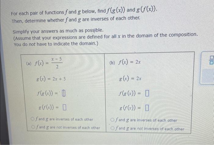 Solved For each pair of functions f and g below, find | Chegg.com