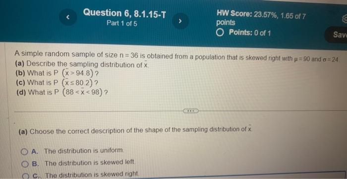 Solved A simple random sample of size n=36 is obtained from | Chegg.com