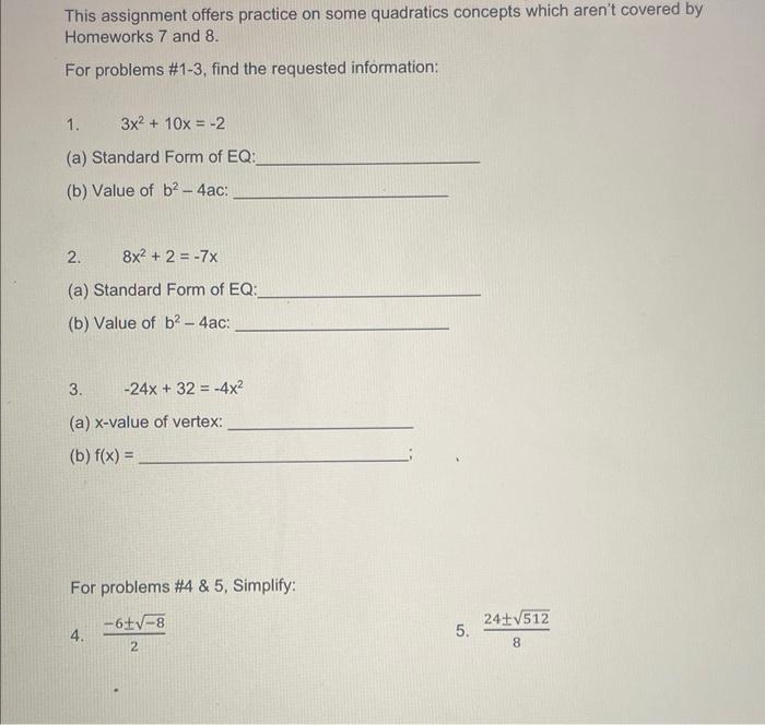 Solved This assignment offers practice on some quadratics | Chegg.com
