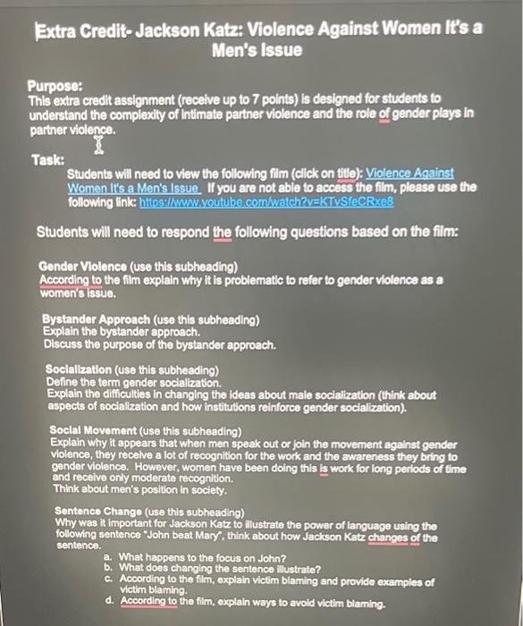 Solved Extra Gredit-Jackson Katz: Violence Against Women | Chegg.com